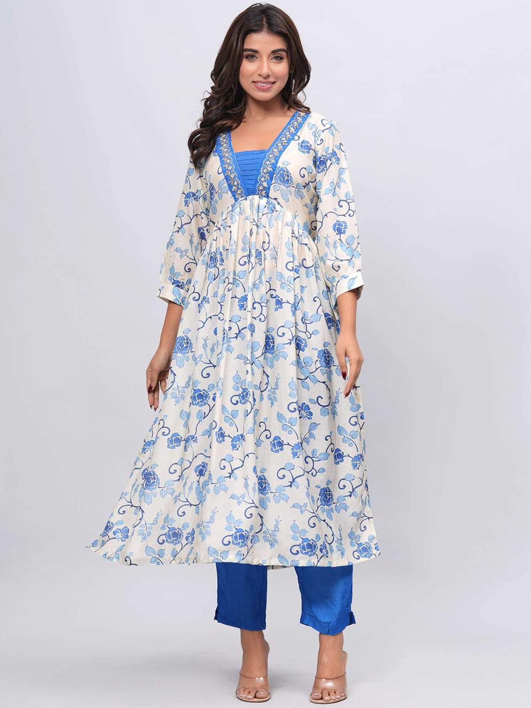 Buy Shikhaa Style Floral Printed Gotta Patti A Line Kurta With Trousers ...