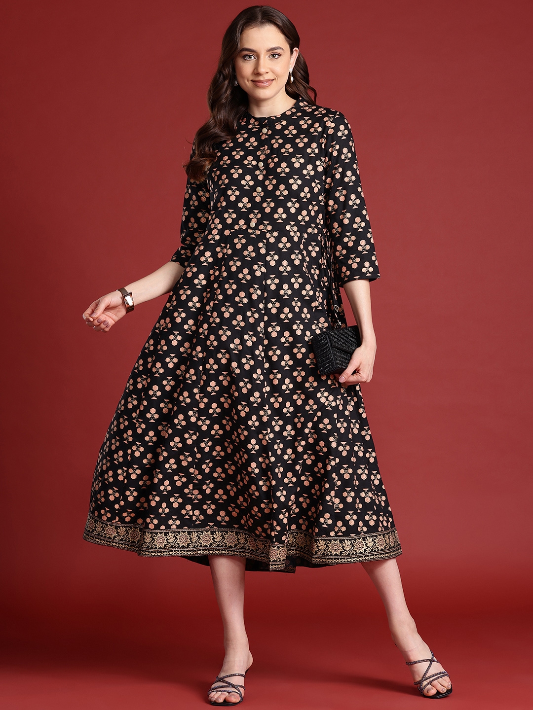 Buy Anouk Tie Up Tassels Detail Foil Print A Line Midi Ethnic Dress