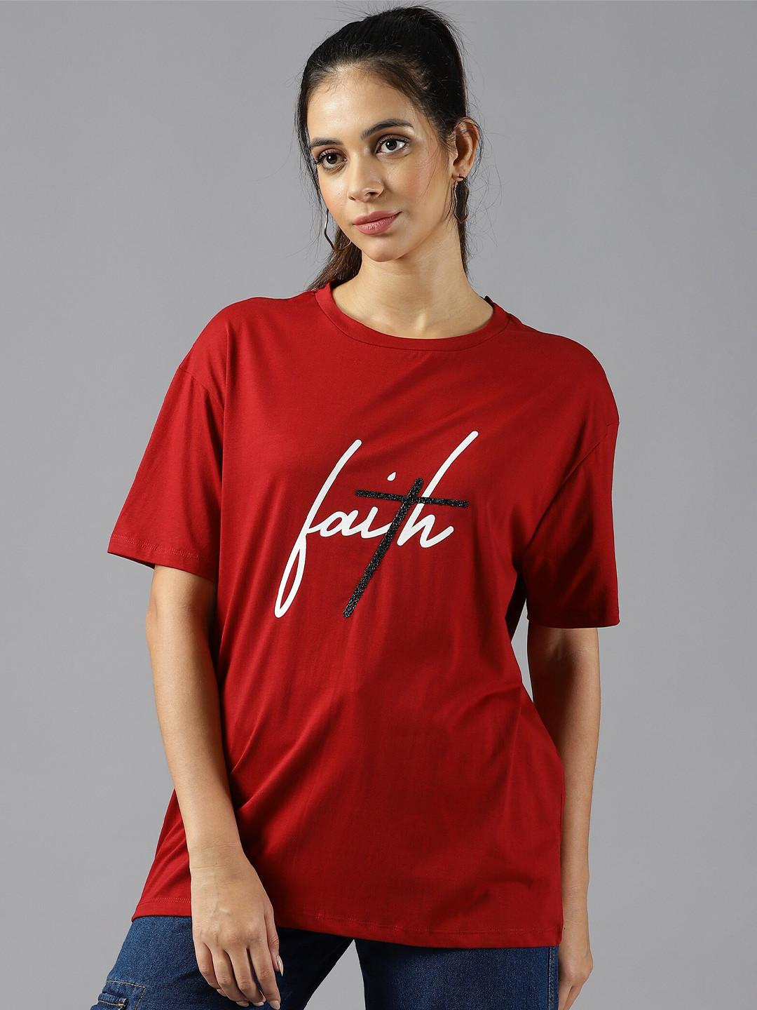 Buy Roadster Red Typography Printed Pure Cotton Oversized T Shirts ...