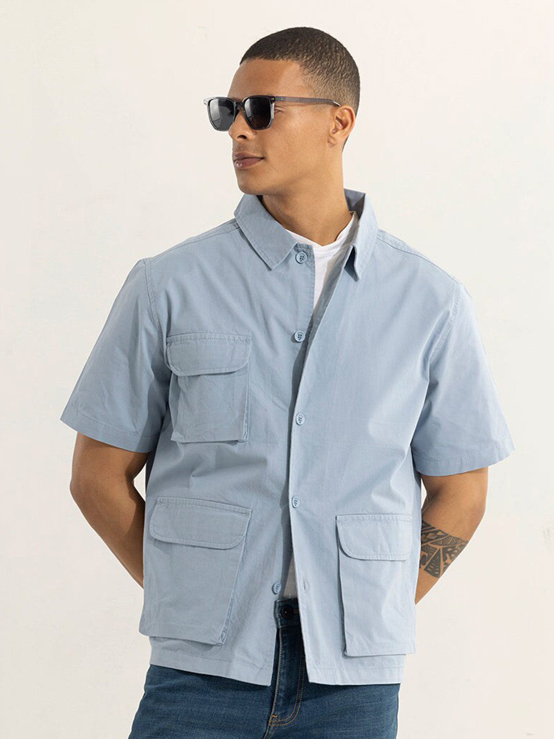 Buy Snitch Blue Classic Pure Cotton Casual Shacket - Shirts for Men ...