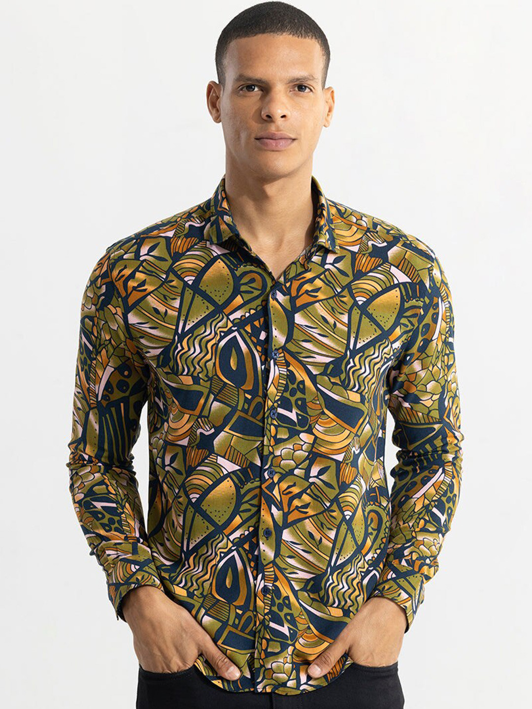 Buy Snitch Green Classic Abstract Printed Slim Fit Casual Shirt ...
