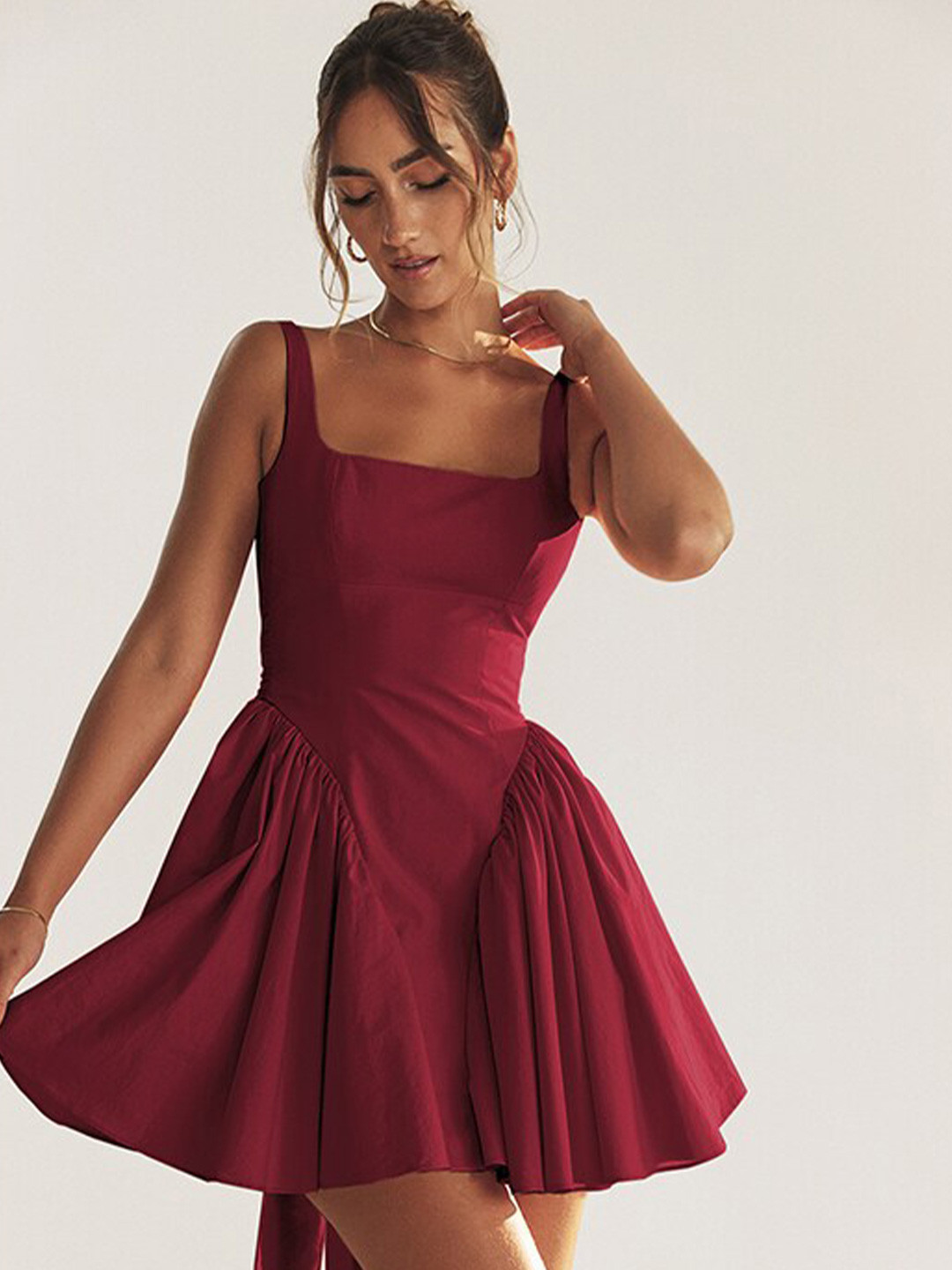 Buy StyleCast Red Square Neck Sleeveless Bow Fit & Flare Mini Dress ...