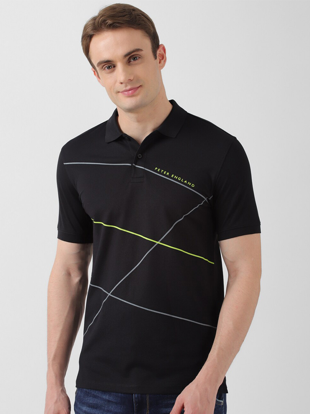 Buy Peter England Casuals Geometric Printed Polo Collar Slim Fit T ...