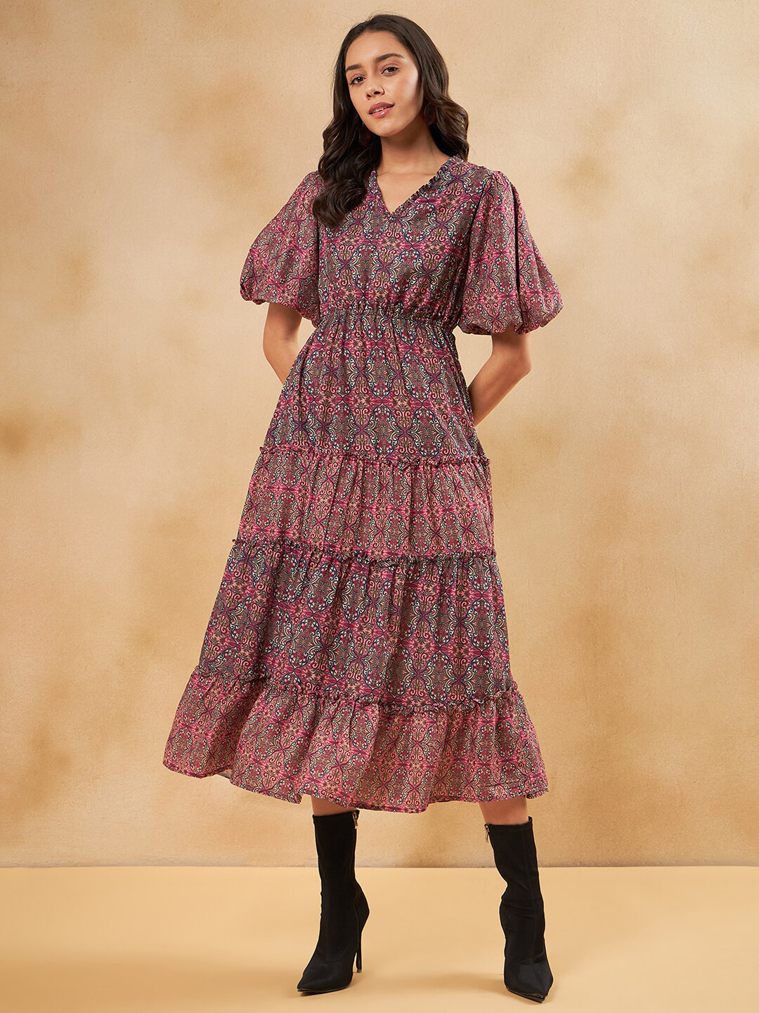 Buy FEMMELLA Floral Print Puff Sleeve Tiered Fit And Flare Midi Dress ...
