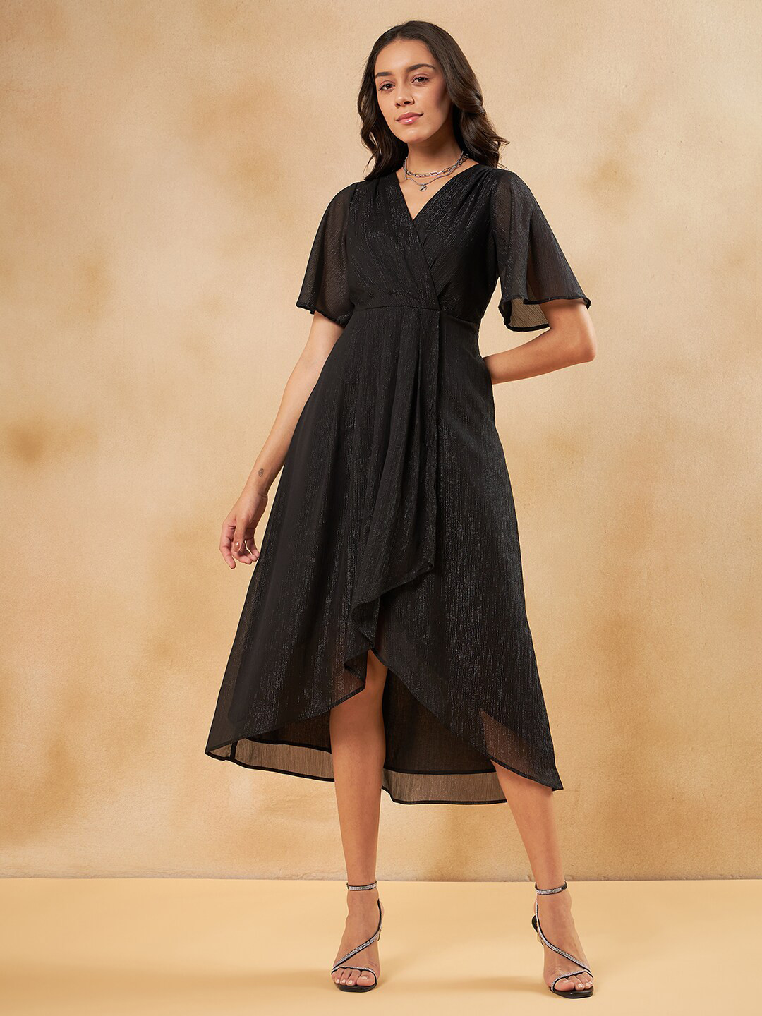 Buy Femella Embellished Flared Sleeve High Low Wrap Midi Dress ...