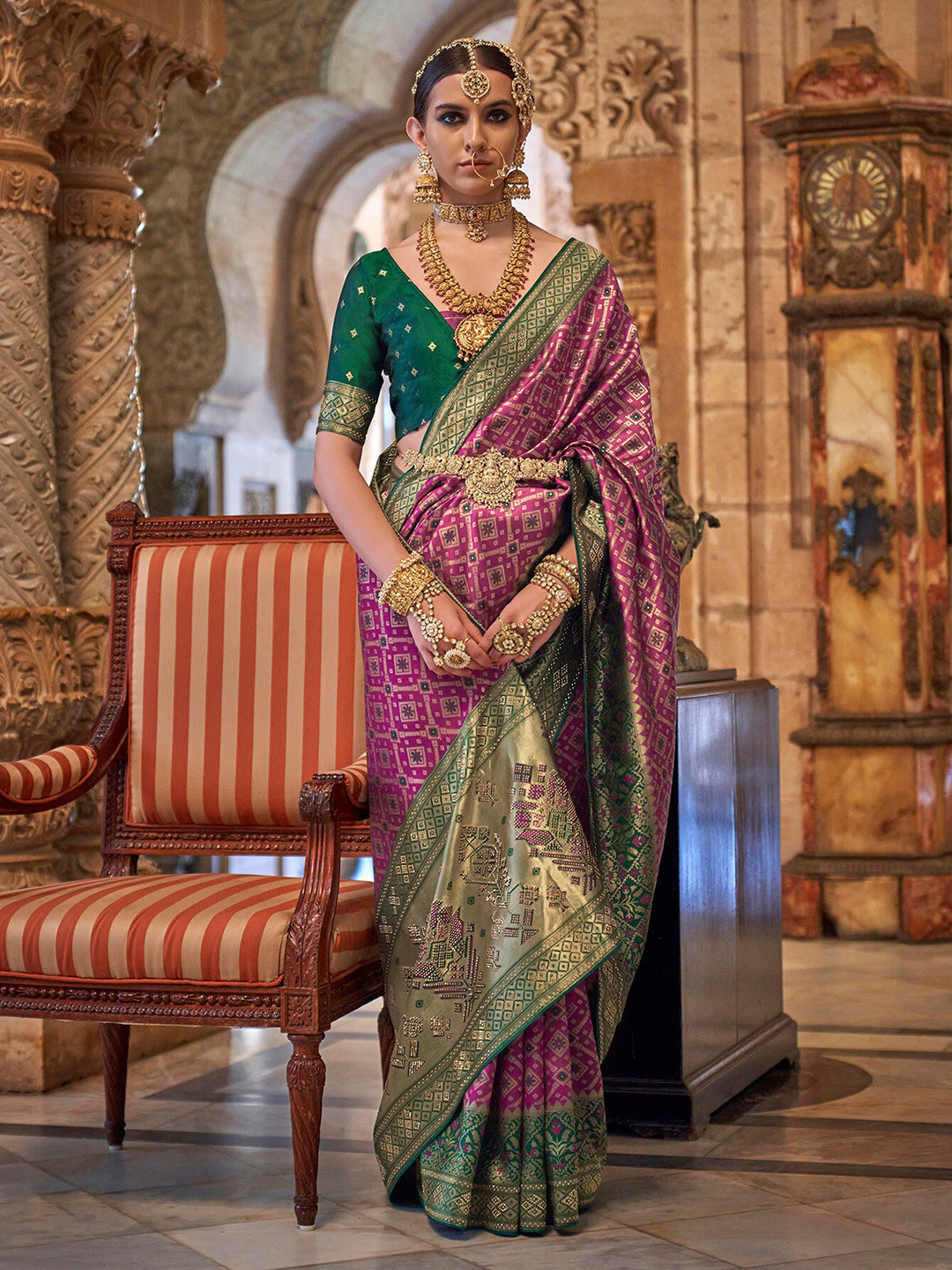 Buy Elora Ethnic Motifs Woven Design Zari Banarasi Saree - Sarees for ...