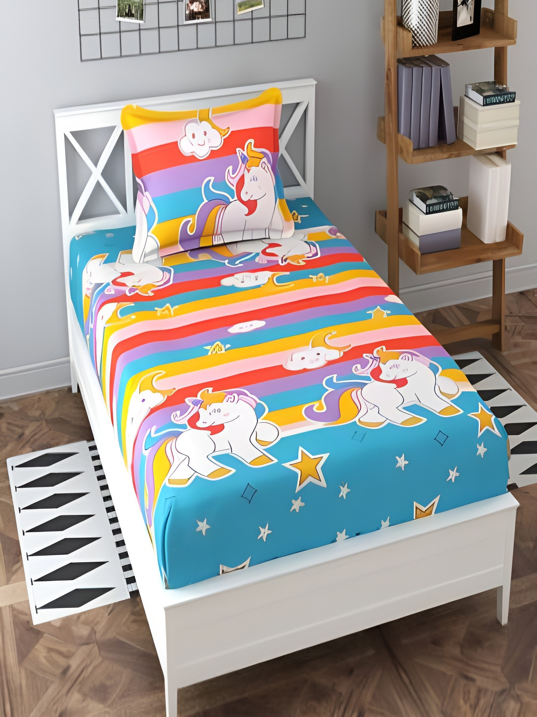 Buy Bromwick Blue & Pink Cartoon Characters Cotton 210 TC Single ...
