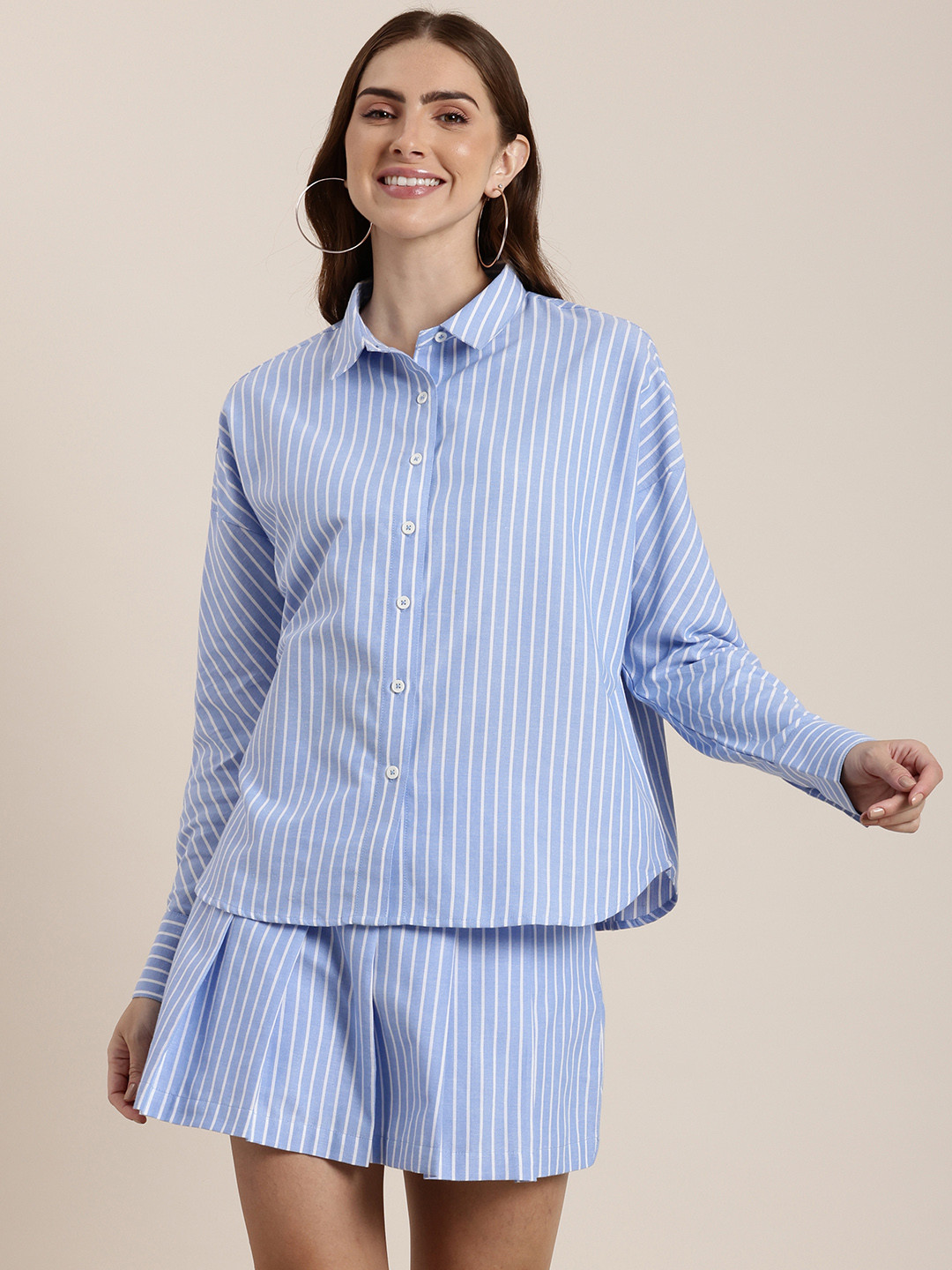 Buy HERE&NOW Women Striped Pure Cotton Shirt With Shorts Co Ords - Co ...
