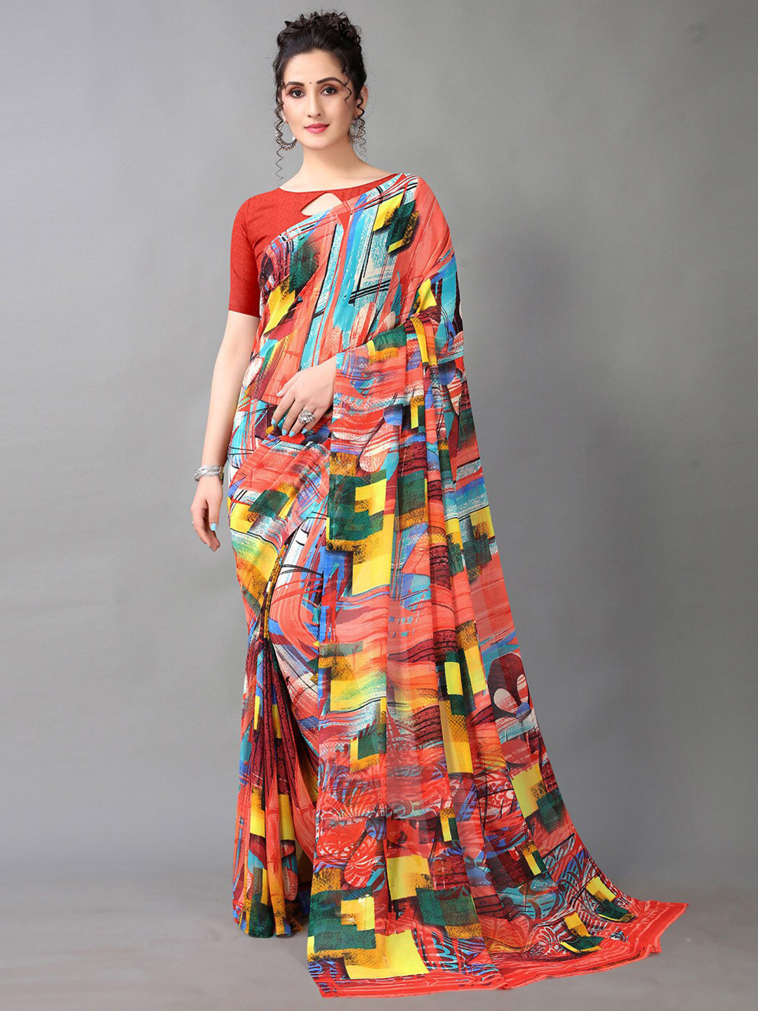 Buy KALINI Pink & Red Pure Georgette Abstract Saree With Printed Blouse ...