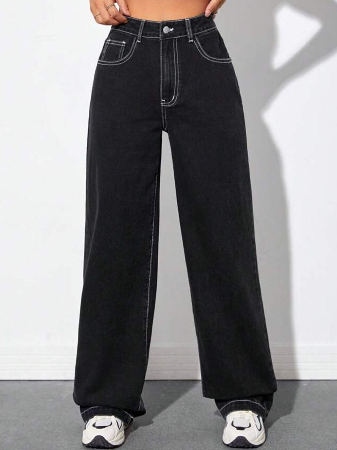 Buy BROADSTAR Women Smart Wide Leg High Rise Clean Look Cotton Jeans ...