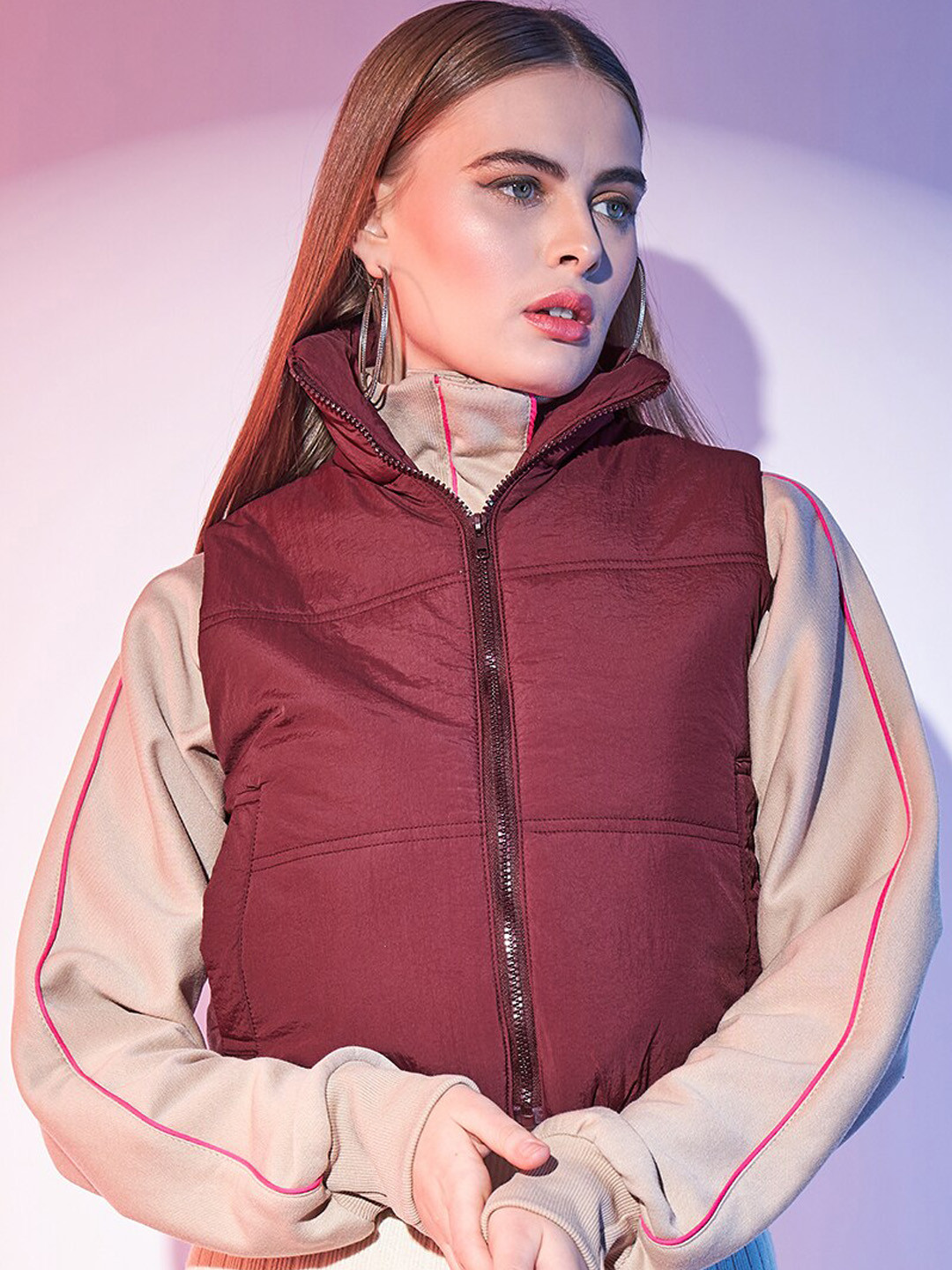 Buy STREET 9 Maroon Stand Collar Lightweight Sleeveless Crop Puffer ...