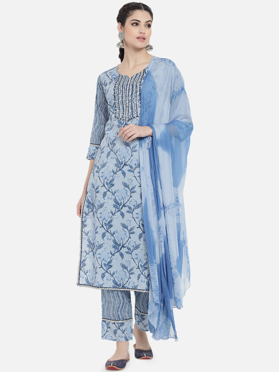 Buy KALINI Floral Embroidered Thread Work Kurta With Trousers & Dupatta ...