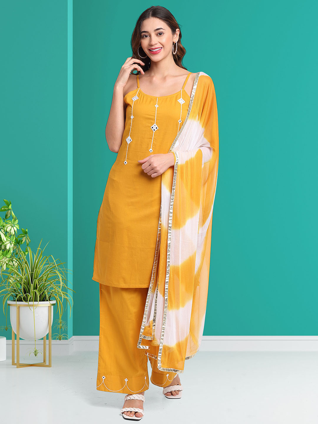 Buy Roly Poly Ethnic Motifs Embroidered Mirror Work Pure Cotton Kurta ...