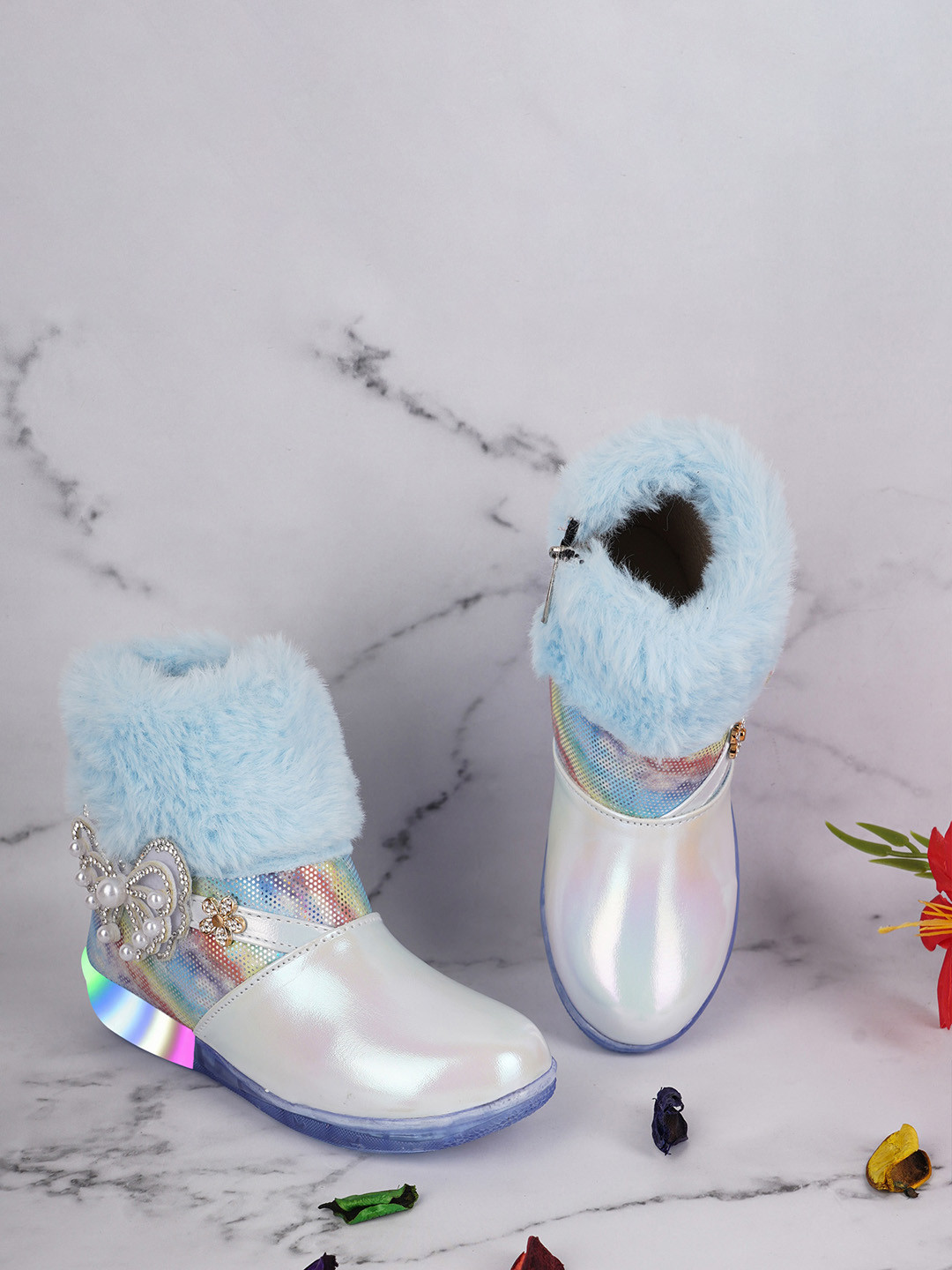 Buy BAESD Girls Mid Top Embellished Faux Fur Trim Winter Boots With LED ...