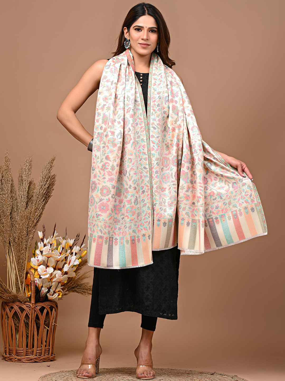 Buy KALINI Paisley Woven Design Kanni Work Shawl - Shawl for Women ...