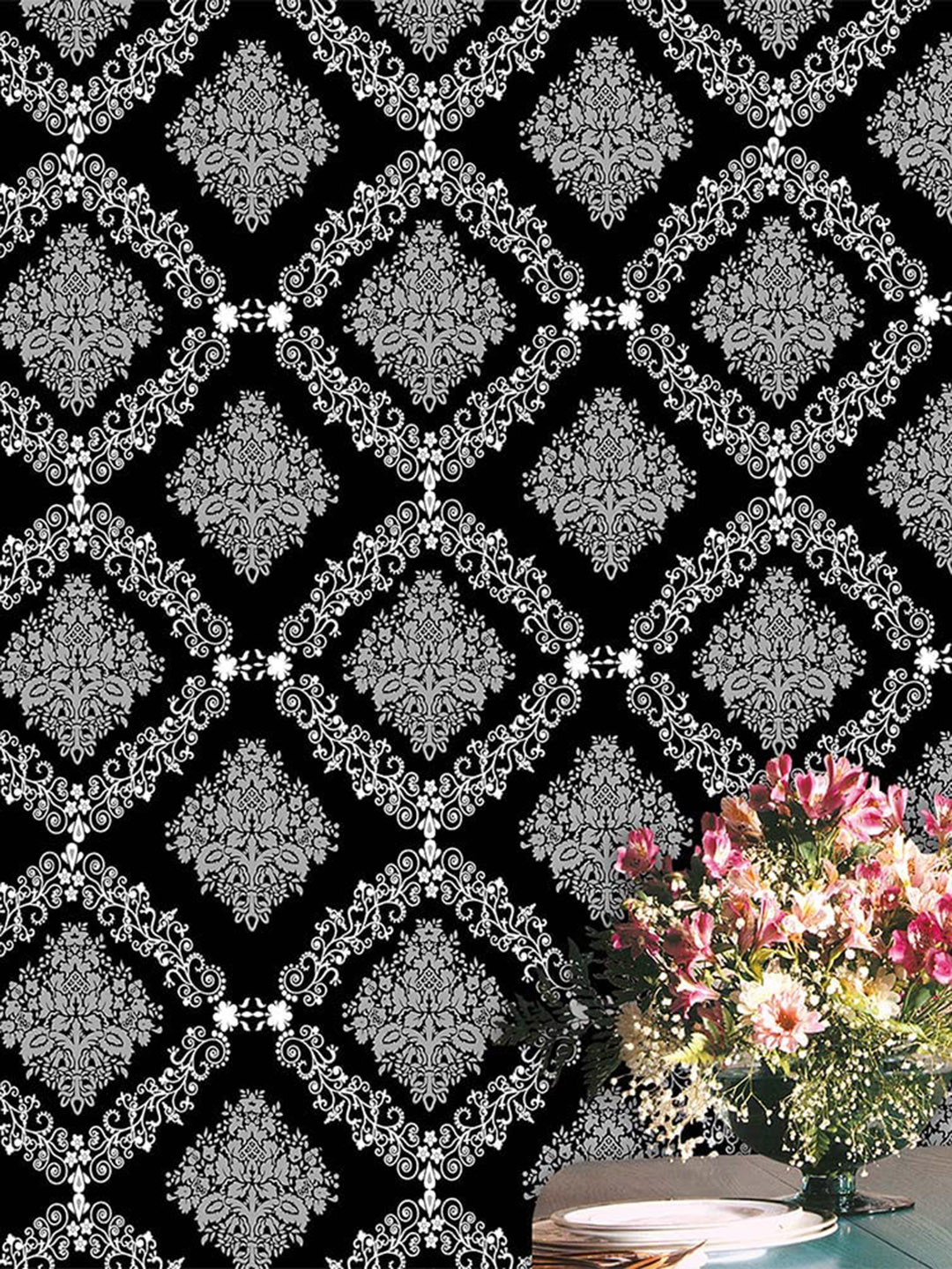 Buy KAAF Black & Grey Damask Patterned Waterproof Self Adhesive ...