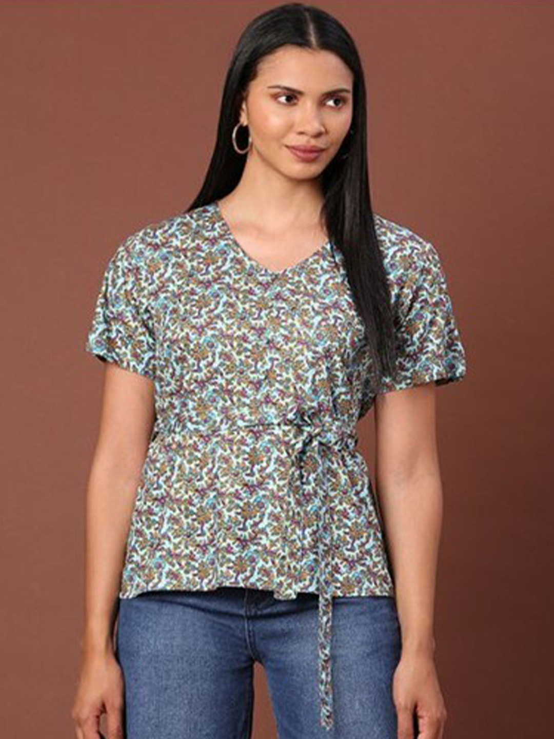 Buy Aila Floral Printed V Neck Waist Tie Up Cotton A Line Top - Tops ...