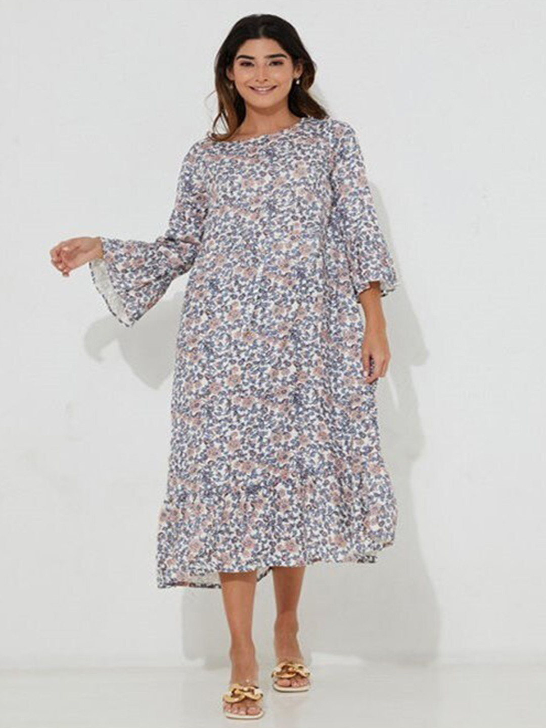 Buy Aila Abstract Round Neck Bell Sleeves Cotton Fit And Flare Dress ...