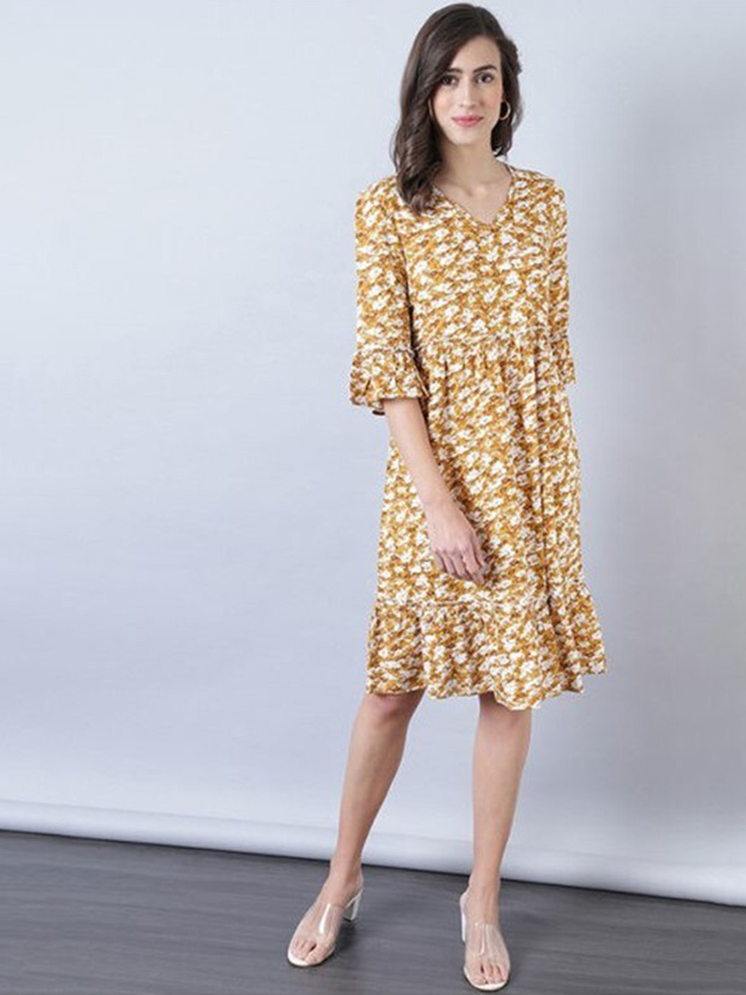 Buy Aila Abstract Printed Bell Sleeves Tiered Fit & Flare Dress ...