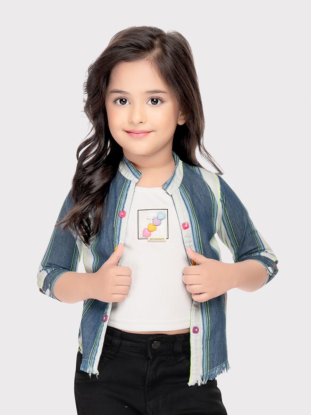 Buy Tiny Kingdom Girls Striped Mandarin Collar Cuffed Sleeves Cotton ...