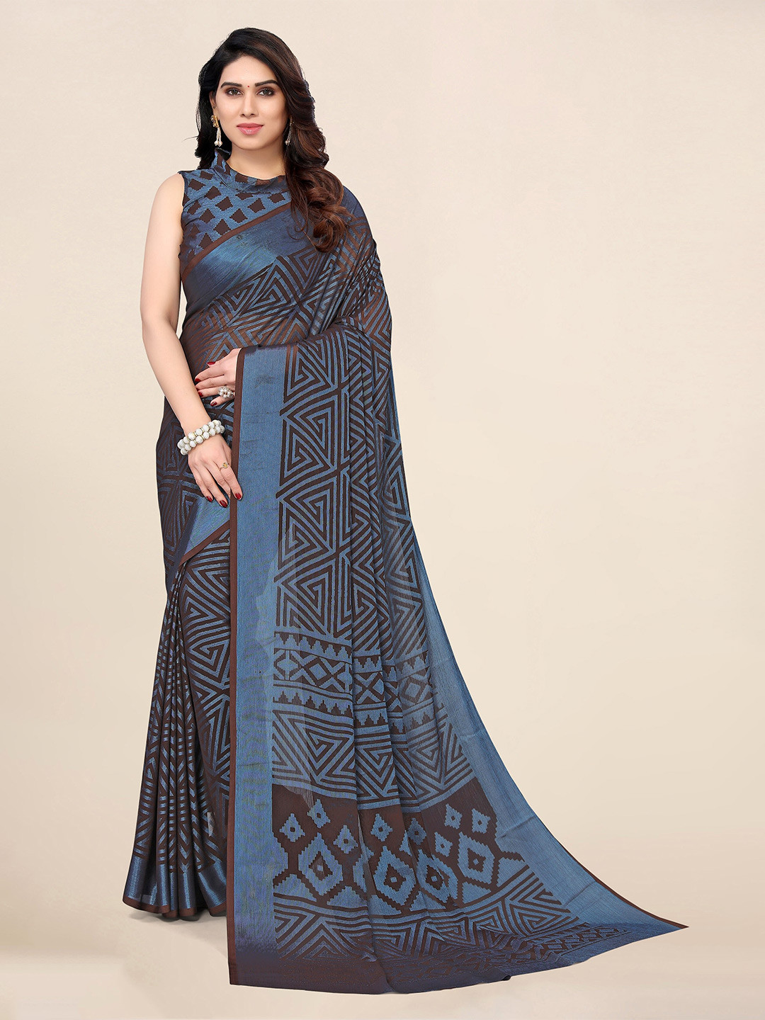 Buy Winza Designer Geometric Printed Chiffon Brasso Saree - Sarees for ...