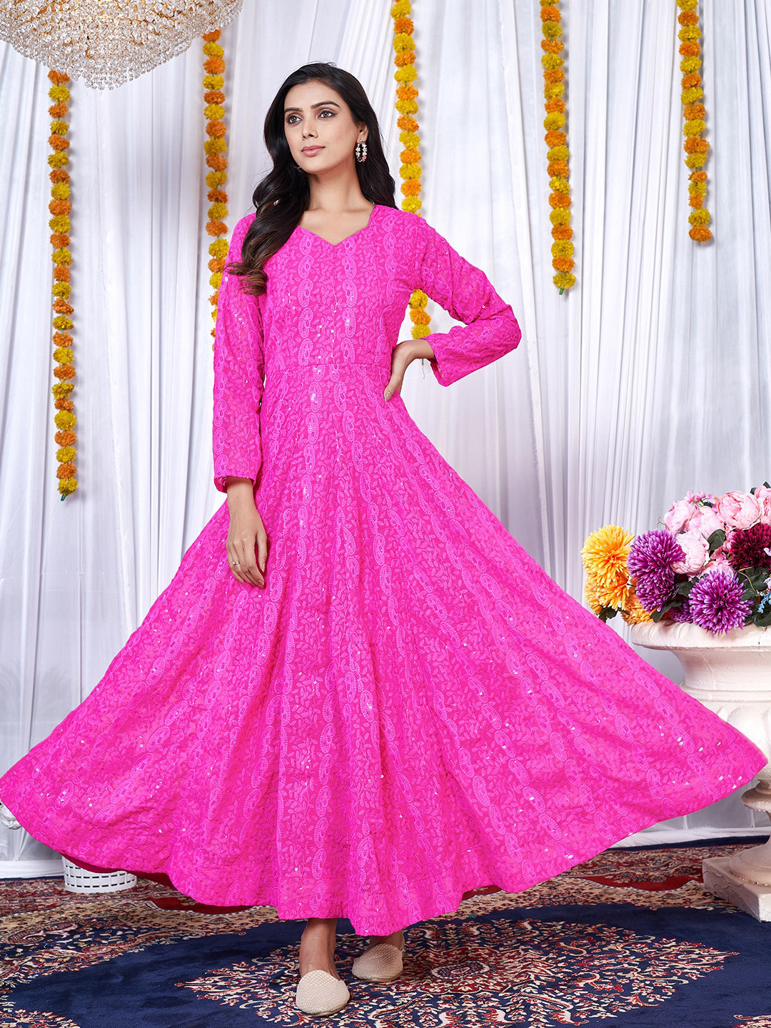 Buy Virah Fashion Embroidered V Neck Lucknowi Chikankari Fit & Flared ...