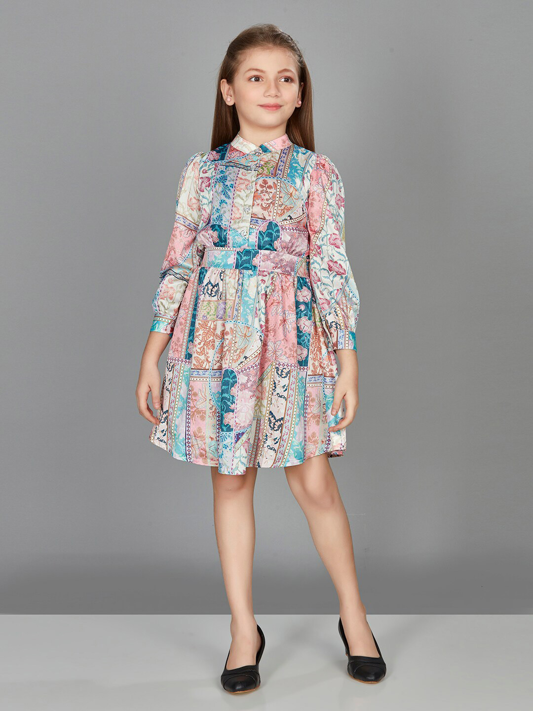 Buy Peppermint Girls Floral Printed Band Collar Fit & Flare Dress ...