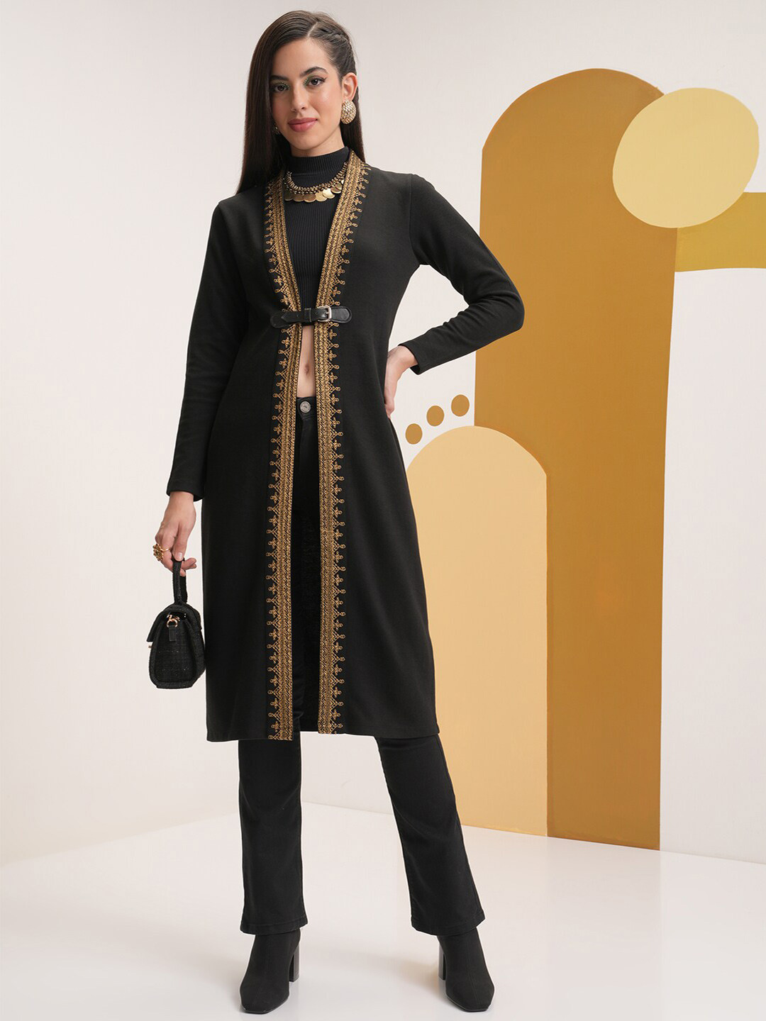 Buy Vishudh Ethnic Motifs Embroidered Open Front Longline Shrug - Shrug ...