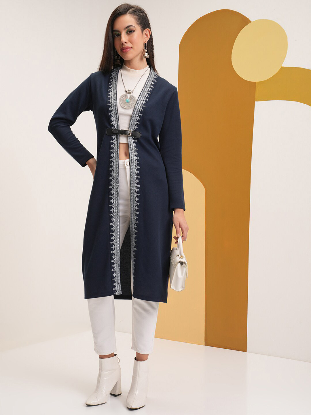 Buy Vishudh Winter Ethnic Motifs Embroidered Open Front Longline Shrug ...