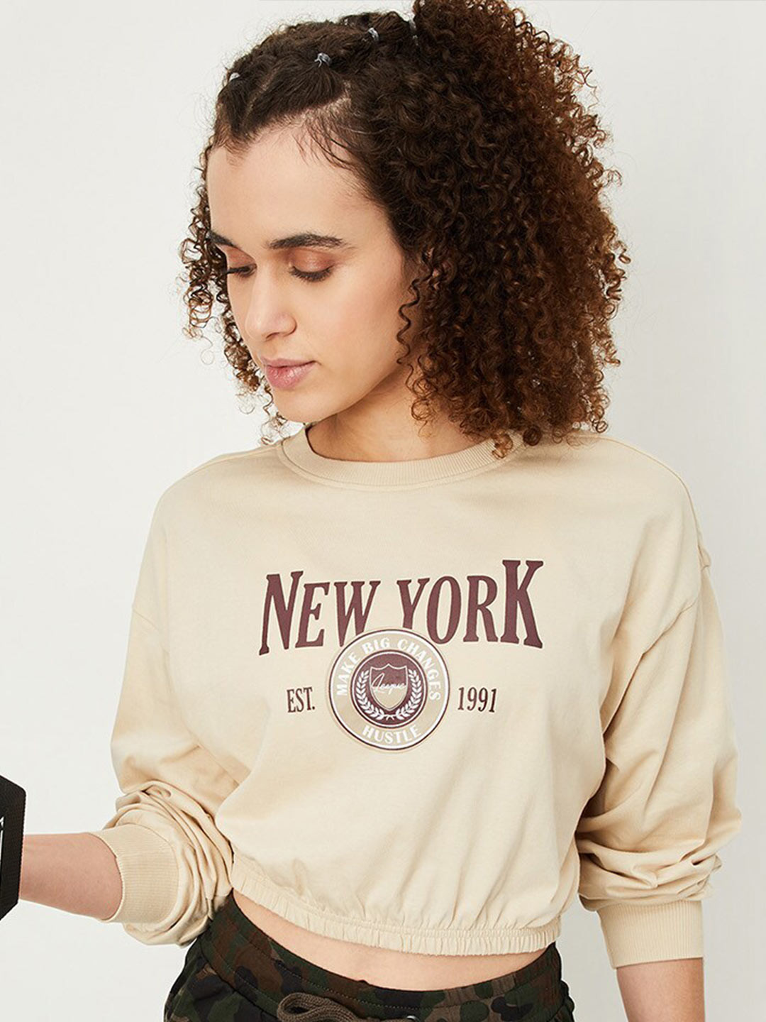 Buy Max Typography Printed Extended Sleeves Pure Cotton Crop Top - Tops ...