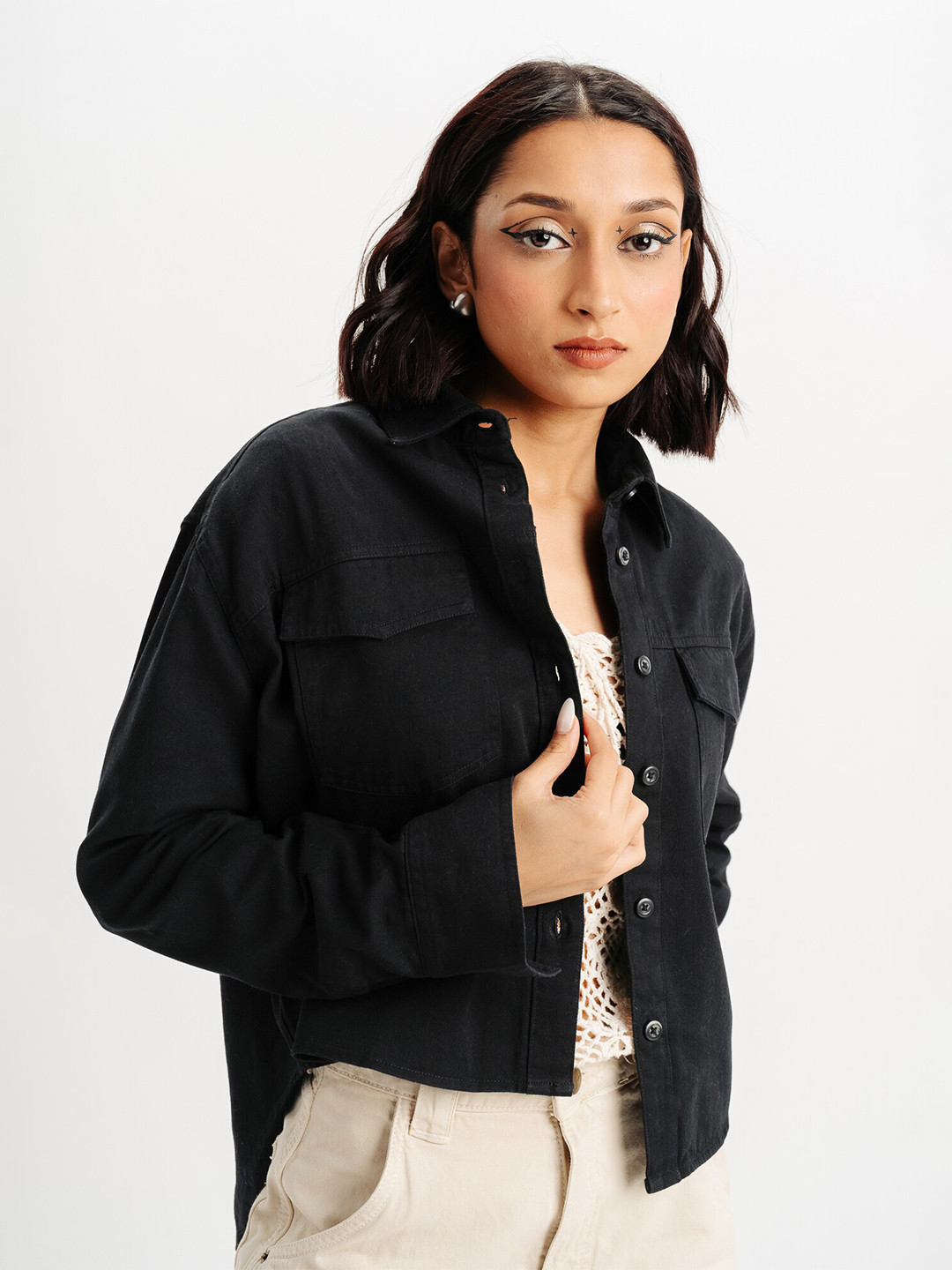 Buy FREAKINS Black Twill Spread Collar Long Sleeves Cotton Crop Casual ...