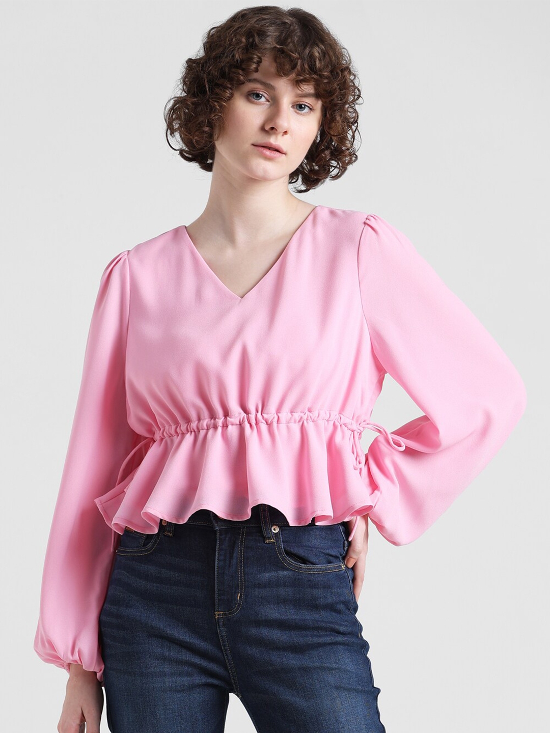 Buy Only V Neck Puff Sleeves Crop Peplum Top Tops For Women 26493806 Myntra