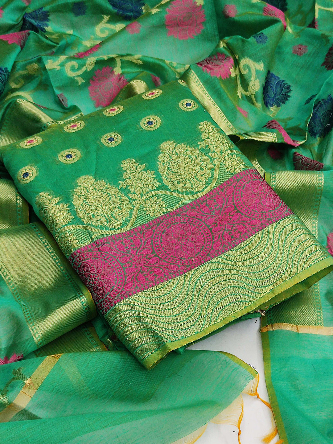 Buy MANVAA Ethnic Motifs Woven Design Banarasi Jacquard Unstitched ...