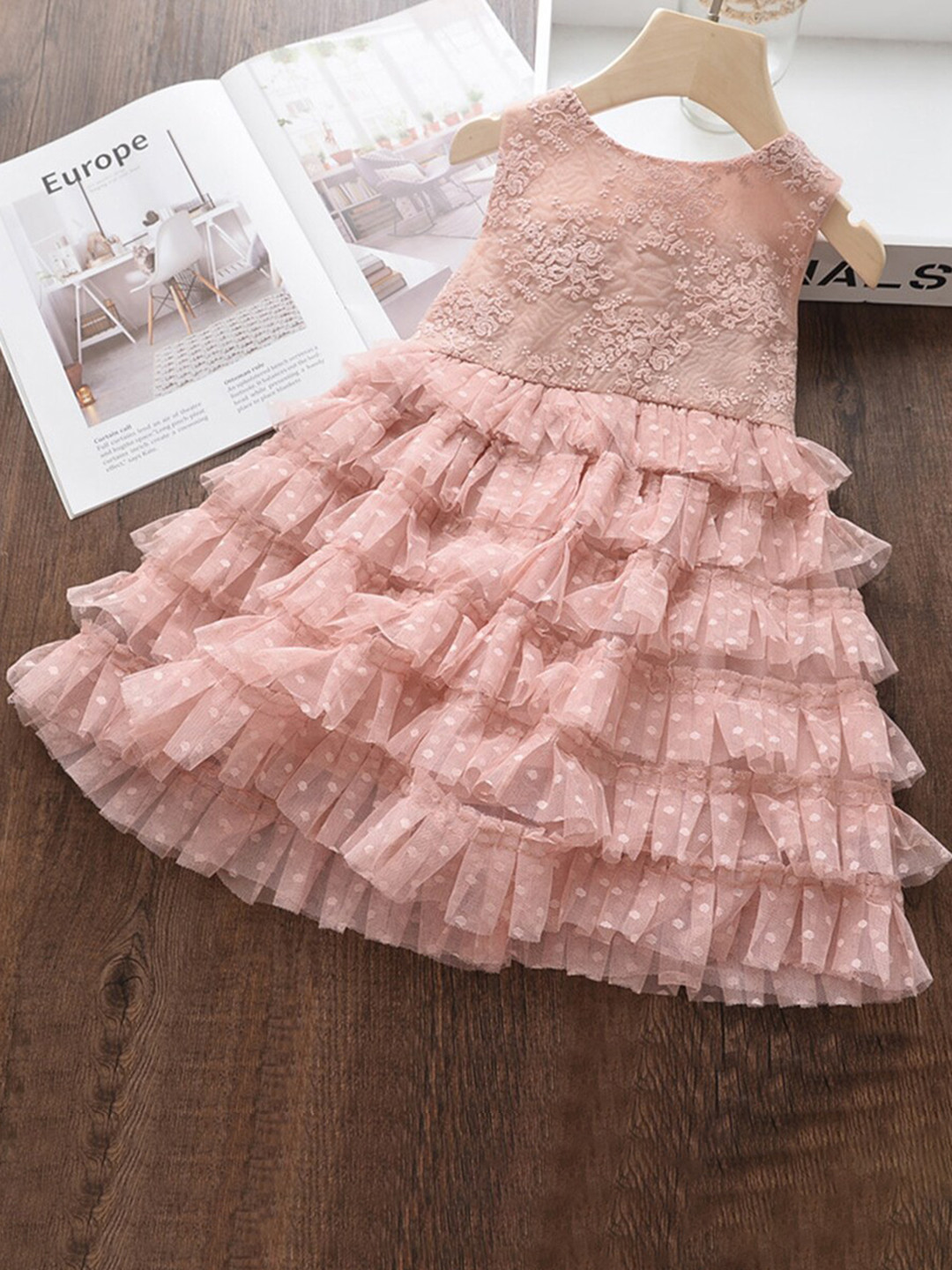 Buy INCLUD Girls Self Design Sleeveless Layered Net Fit & Flare Dress ...