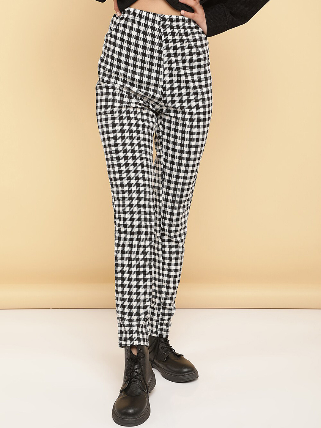 Buy LULU & SKY Women Checked Mid Rise Trousers - Trousers for Women ...