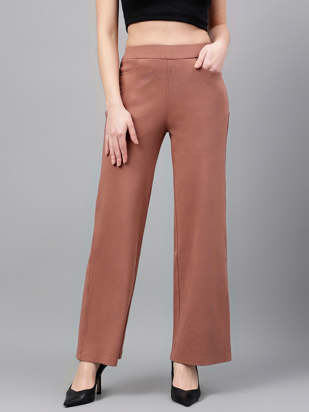 Buy Xpose Women Comfort High Rise Ribbed Wide Leg Trousers - Trousers ...
