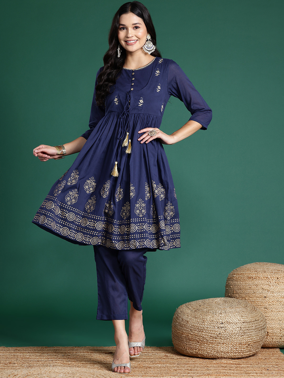 Buy Sangria Printed Pleated Pure Cotton Kurta With Trousers - Kurta ...