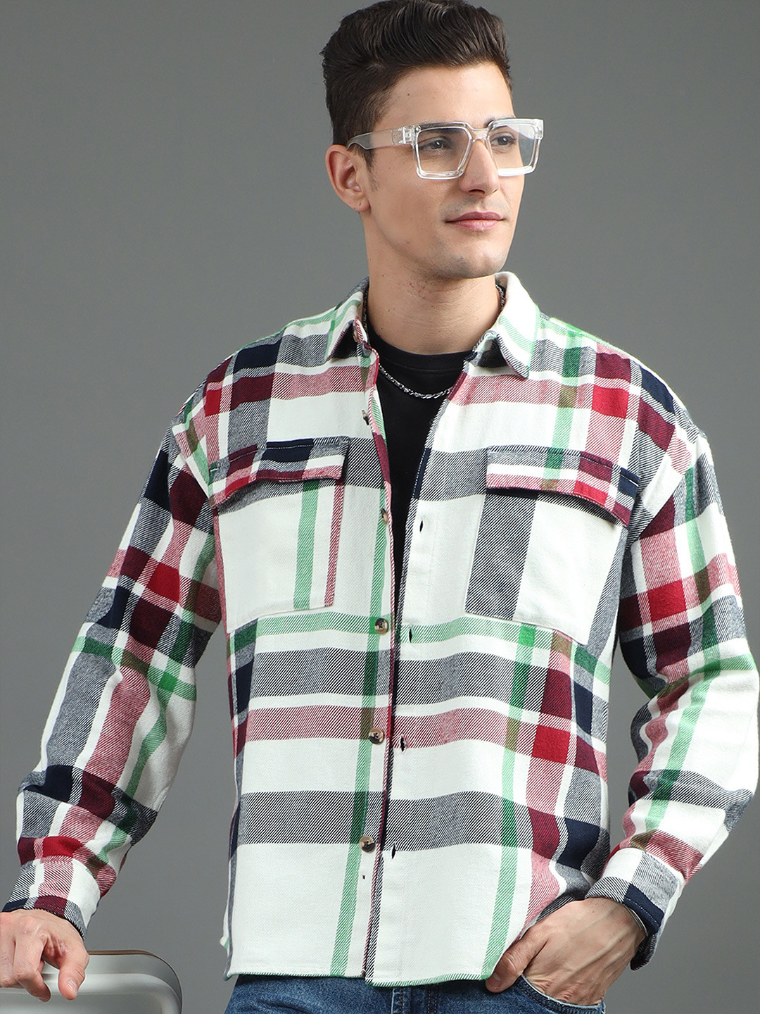Buy HERE&NOW White Tartan Checked Casual Cotton Oversized Shacket ...