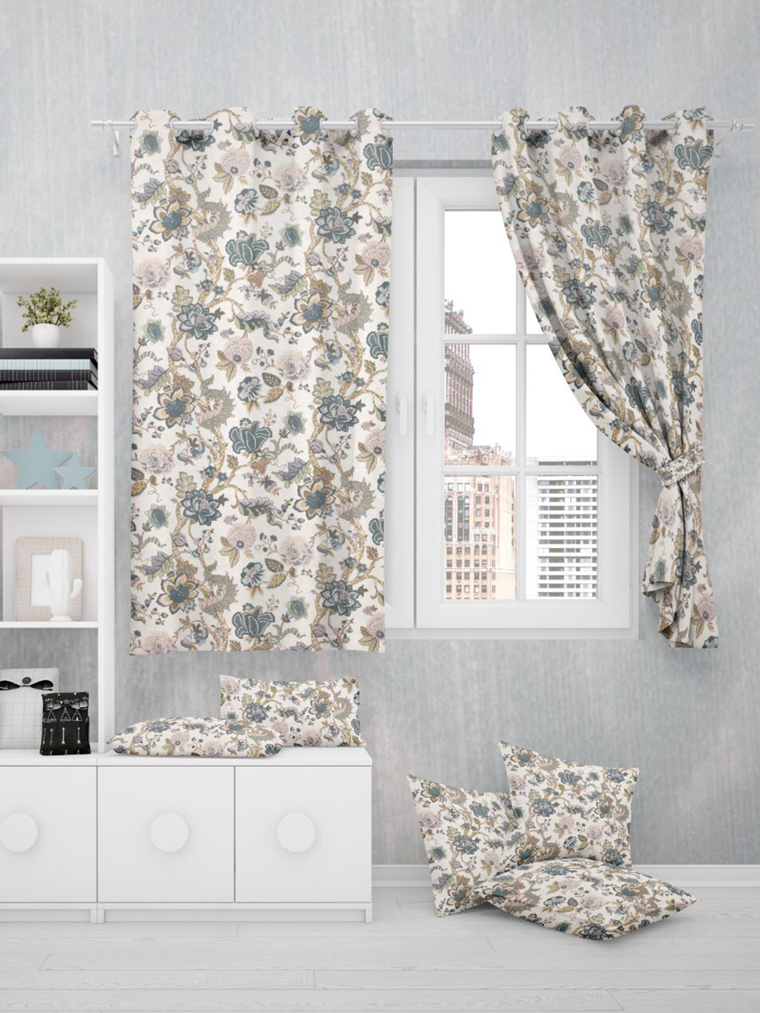 Buy EasyGoods Anokhi White & Green 2 Pieces Floral Black Out Window ...