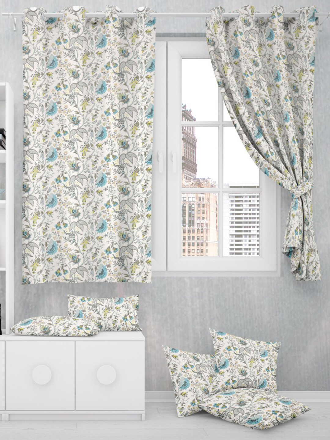 Buy EasyGoods Anokhi Blue & White Set Of 2 Floral Black Out Window ...