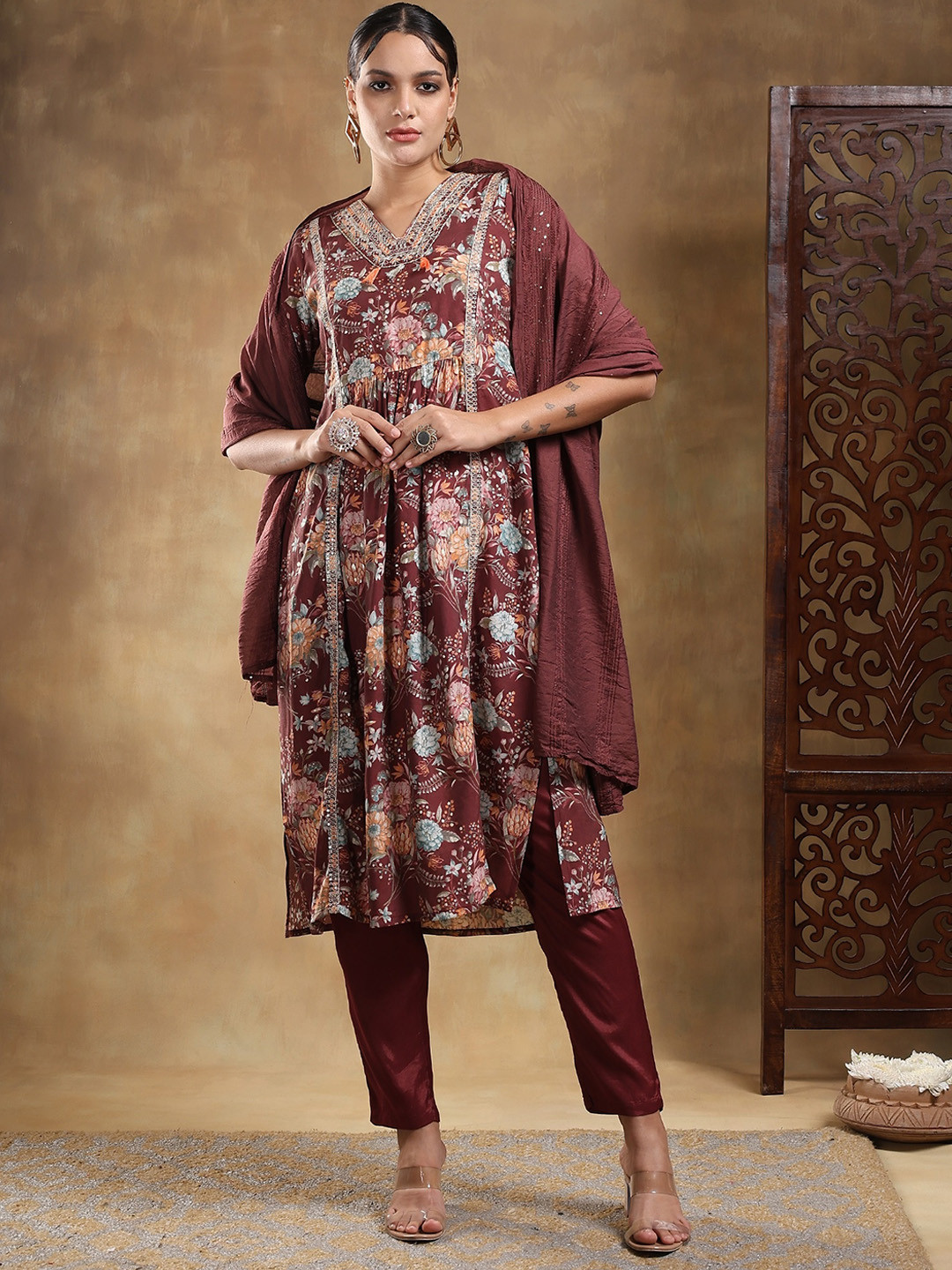 Buy Bani Women Floral Printed Mirror Work A Line Pleated Kurta With ...