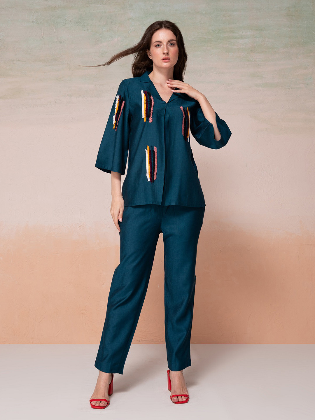 Buy Bannos Swagger Teal Blue & White Lace Detailing Notched Lapel ...