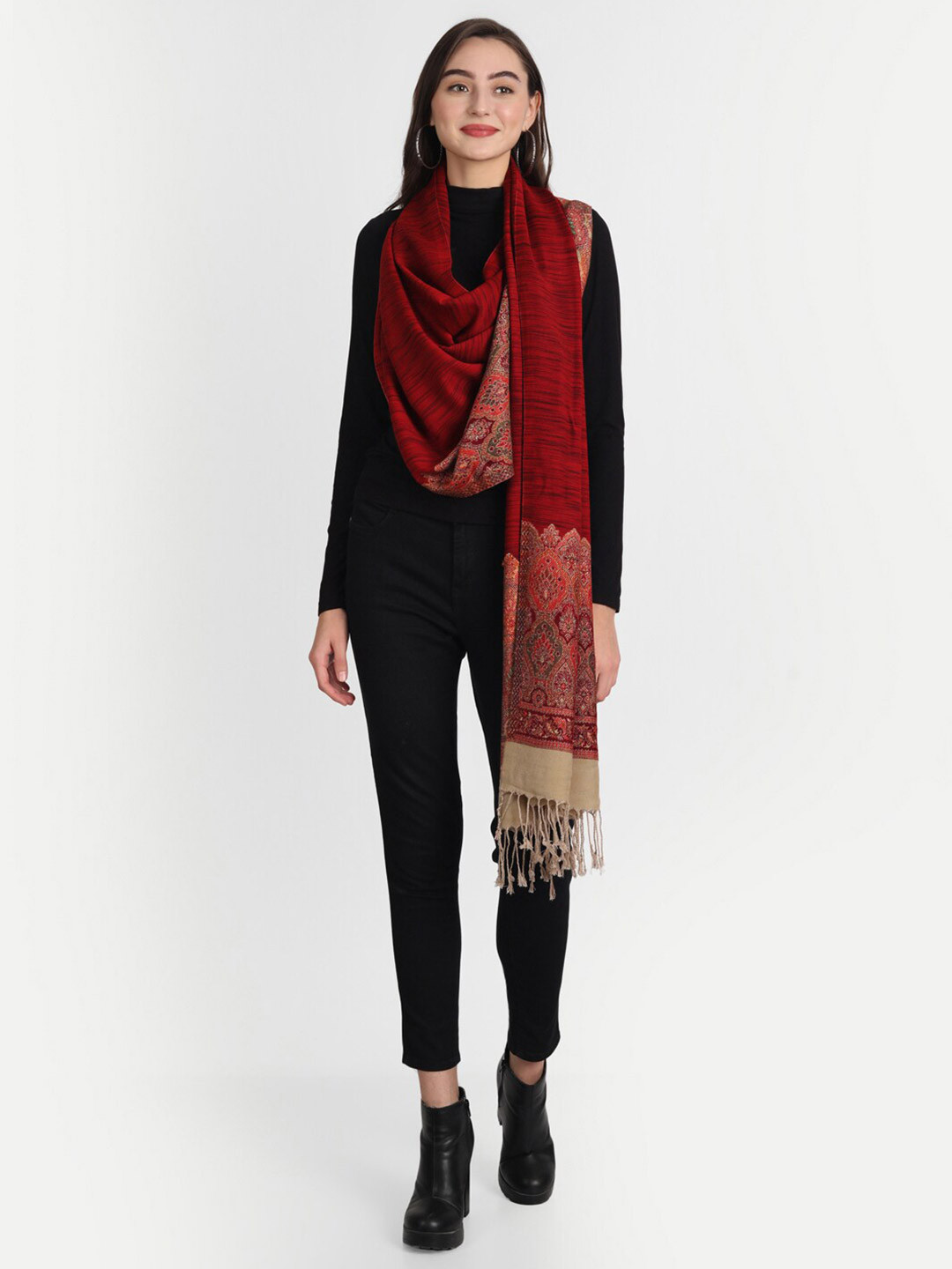 Buy Sangria Ethnic Motifs Woven Design Winter Pashmina Woollen Stole ...