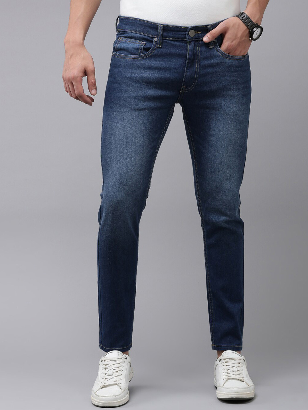 Buy Mast & Harbour Men Blue Skinny Fit Mid Rise Dark Shade Clean Look ...