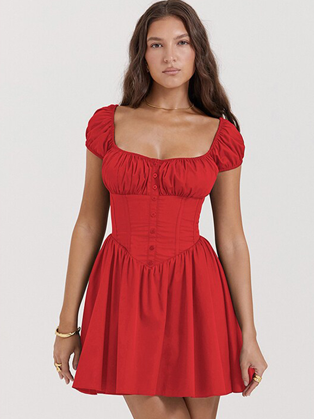 Buy StyleCast Red Square Neck Puff Sleeve Fit & Flare Mini Dress ...