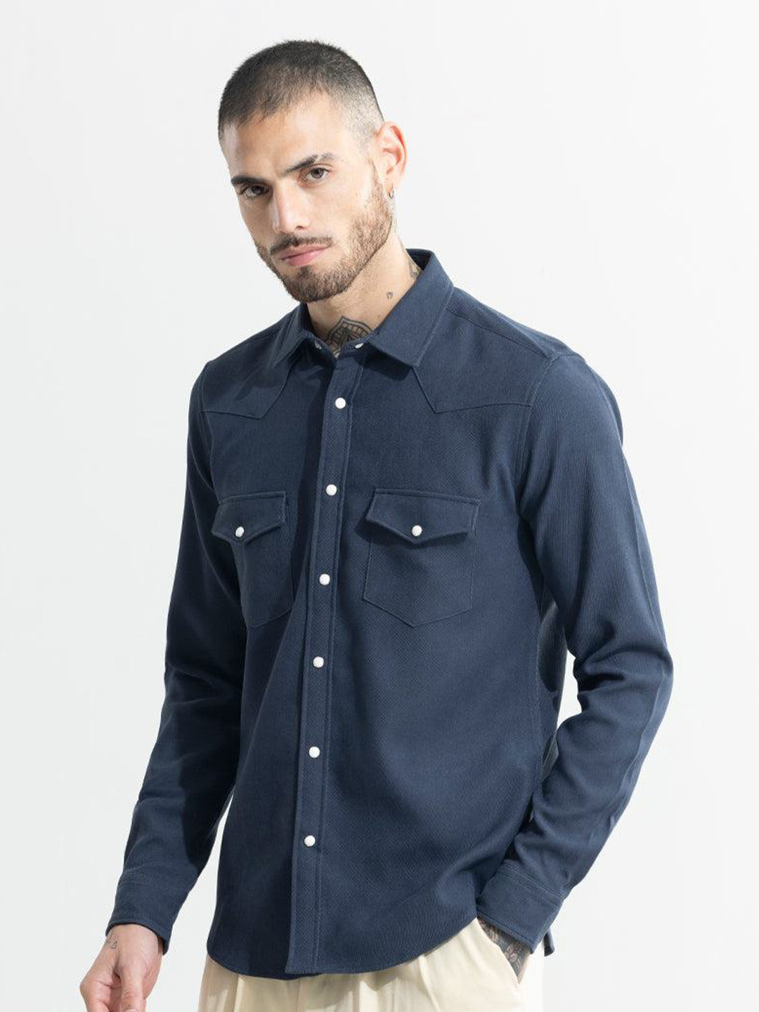 Buy Snitch Navy Blue Classic Slim Fit Cotton Shacket - Shackets for Men ...