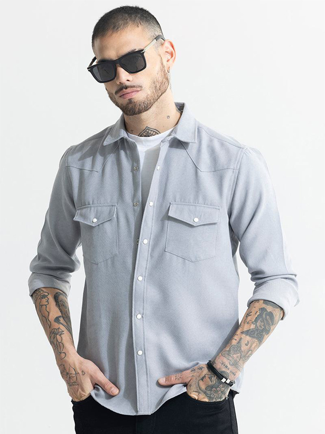 Buy Snitch Grey Classic Slim Fit Cotton Shacket - Shackets for Men ...