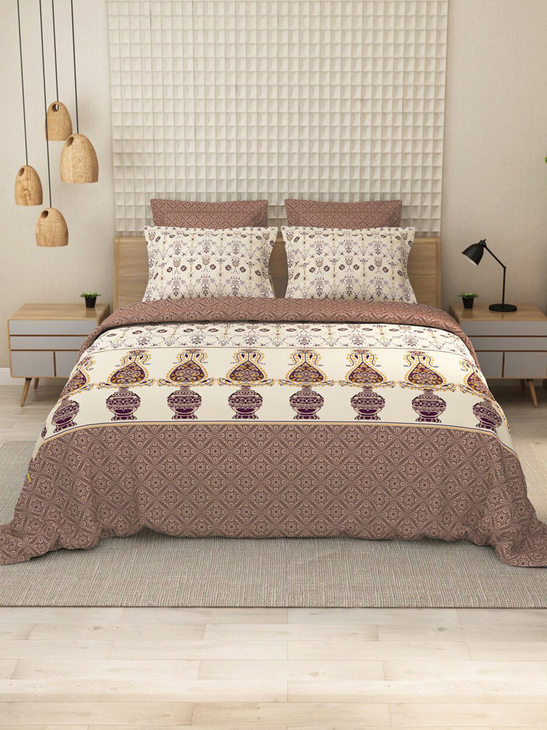 Buy LABHAM Every Day Maroon Geometric 180 TC Cotton King Bedsheet With 2 Pillow Covers ...