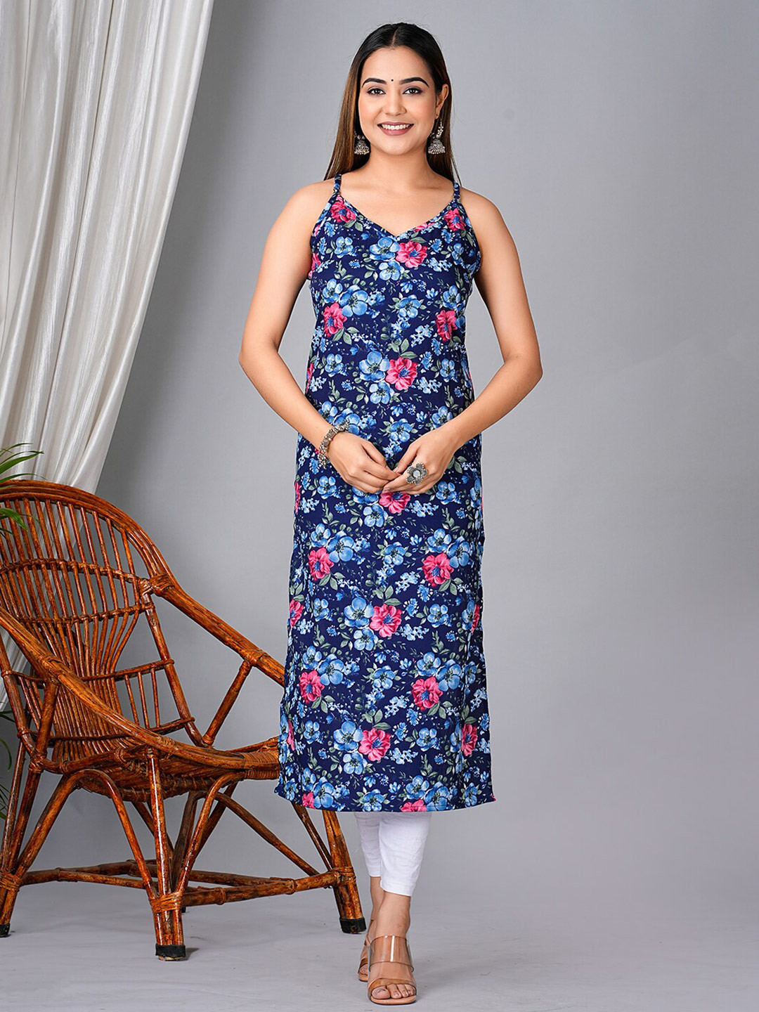 Buy KPF Floral Printed Shoulder Straps Straight Kurta - Kurtas for ...
