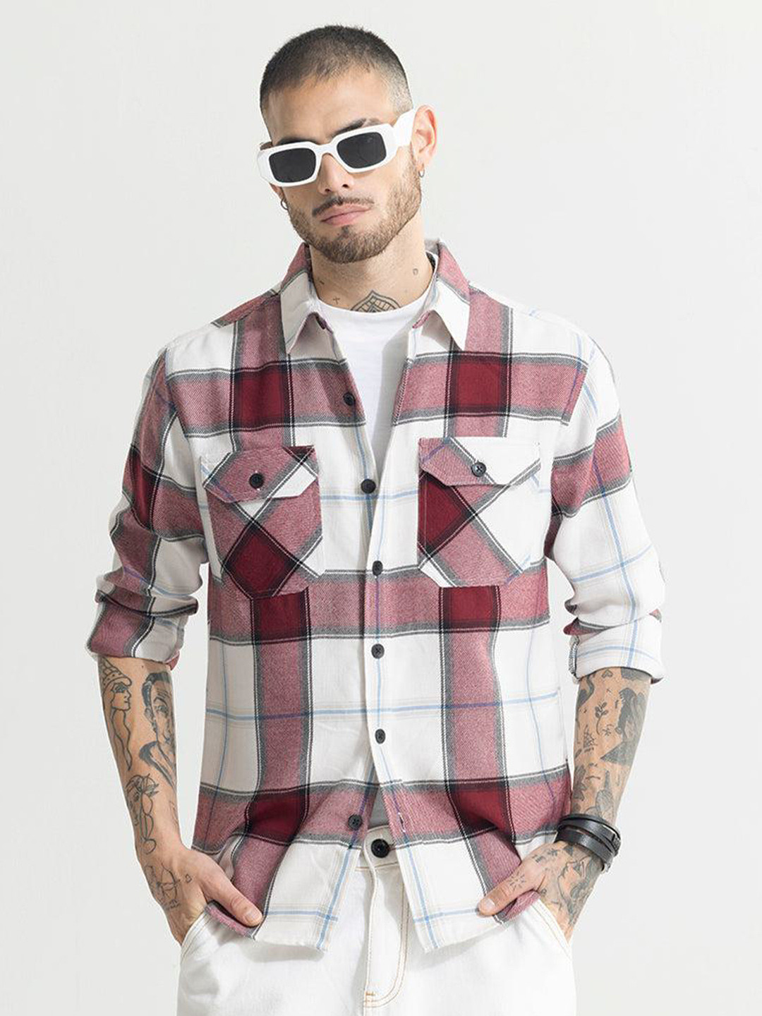 Buy Snitch Maroon Classic Slim Fit Tartan Checked Cotton Shacket ...